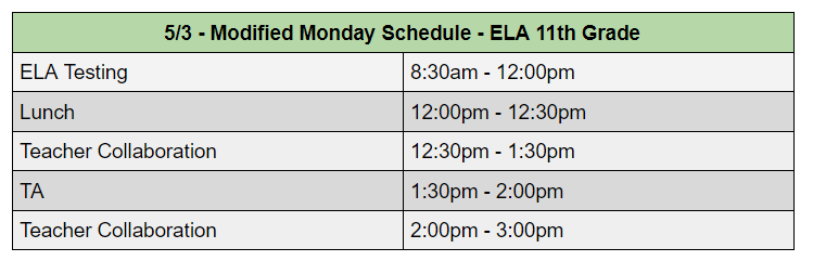 Modified Schedule for Testing - ELA 11th Grade (5/3) | IUSD.org
